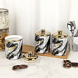 JUXYES Set of 3 Ceramic Canisters Set for Sugar Coffee Tea With Tray, Luxurious Storage Containers Sets with Lids Decorative Storage Pots Marble Ceramic Storage Jar for Kitchen Counter Dining Room