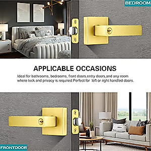 Gold Door Handles Door Knobs,Heavy Duty Modern Interior/Exterio Satin Brass Door Lever Not Keyed Alike Front Entry Door Handle wth Lock(1 Pack)