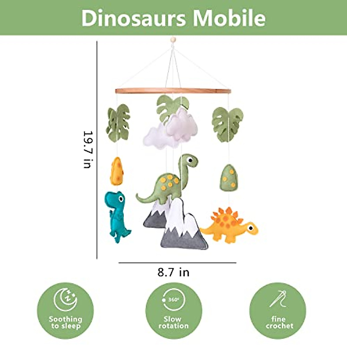 Vlokup Dinosaur Baby Crib Mobile, Dino Baby Mobile, Neutral Nursery Mobile Decoration for Pack N Play, for Baby Boy & Girl