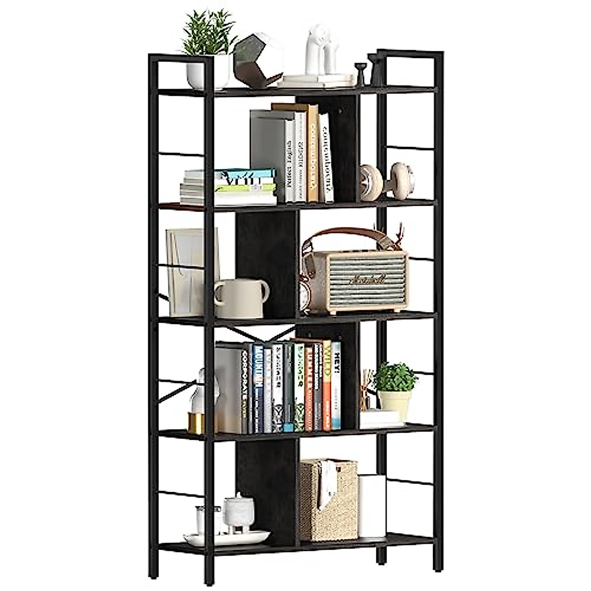 Yoobure 5 Tier Tall Book Shelf, Industrial Bookshelf Storage Bookcase, Open Wood Book Case, Rustic 5 Shelf Display Shelf for Living Room, Modern Standing Book Shelf for Bedroom, Home Office, Kitchen