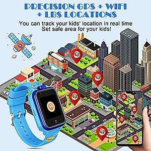 4G GPS Watches for Kids, Smart Watches Children's Mini Cell Phone with Dual Camera, Calling, SOS, Life Water Resistant 2-Style Cartoon Straps for 3-12 Years Boys Girls Birthday Xmas Gifts (Blue)