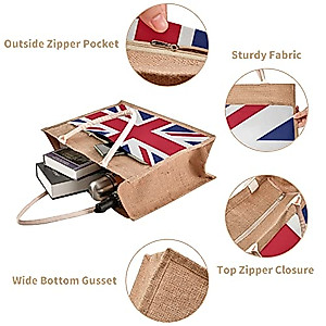 ALAZA Union Jack British Flag Fashion Jute Tote Bags Women Grocery Shopping Bags with Handles for Outdoor Travel 14.2 x 12.6 x 7.1 inches