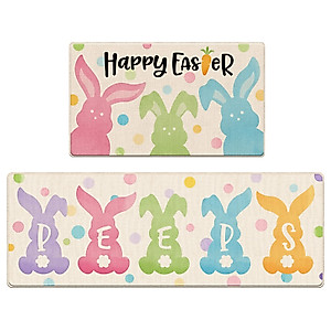 Tailus Happy Easter Bunny Peeps Decorative Kitchen Rugs Set of 2, Colorful Rabbit Kitchen Mat Polka Dots Non-Slip Floor Mat, Holiday Home Kitchen Decorations - 17x29 and 17x47 Inch