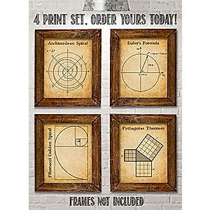 Math Art Prints-Archimedean Spiral, Euler's Formula, Fibonacci Golden Spiral, Pythagoras Theorem-Set of Four Gallery Wall 8x10 Unframed - Gift & Decor For Teachers, Classroom & Math Students Under $20