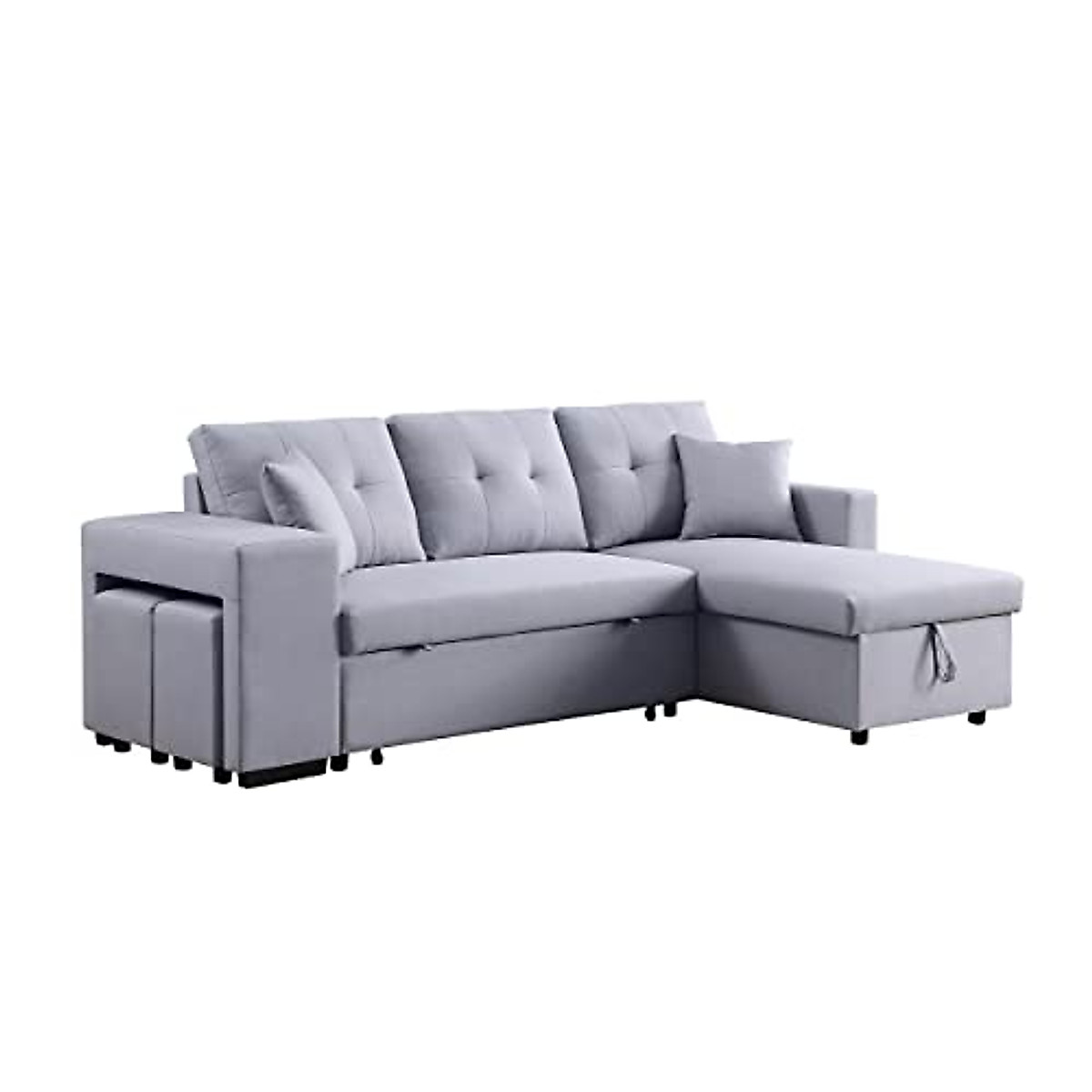 BIADNBZ Convertible Sleeper Sectional Sofa with Reversible Storage Chaise, Modern Linen Fabric L-Shaped Pull Out Couch w/2 Stools,for Living Room Apartment, Light Gray