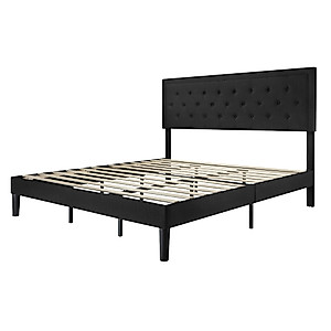 Allewie King Size Bed Frame Upholstered Platform Bed with Adjustable Headboard, Button Tufted, Wood Slat Support, Easy Assembly, Black