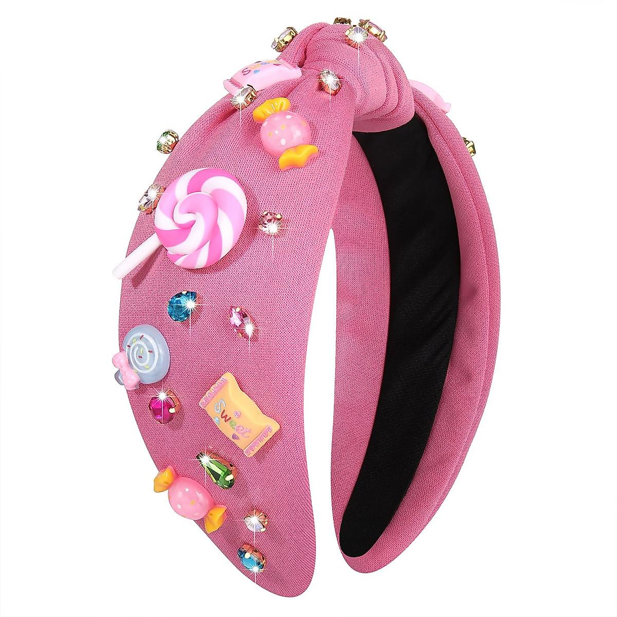 Knotted Headband for Women Lollipop Candy Charms Crystal Jeweled Embellished Top Knot Hairband Statement Wide Turban Hair Hoop Funny Gifts for Girls Sister Birthday Xmas Holiday Party