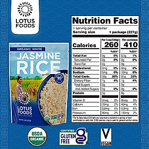 Lotus Foods Organic White Jasmine Rice Heat & Eat Pouch - Gluten Free White Rice, Organic Rice, Instant Microwave Jasmine Rice, Microwavable Pre Cooked Rice - 8 Oz (Pack of 6)