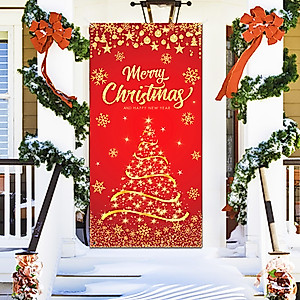 Christmas Door Cover Golden Christmas Tree Door Cover Banner Merry Christmas Glitter Snowflake Door Cover Photography Background for Winter Xmas New Year Holiday Party Decor