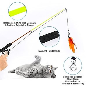 9 PCS Cat Fishing Pole Toy, Retractable Cat Feather Toys with Cat Wand Plush Fish Worm Feathers with Bells Catnip Interactive Cat Teaser Toys for Kitten Cat