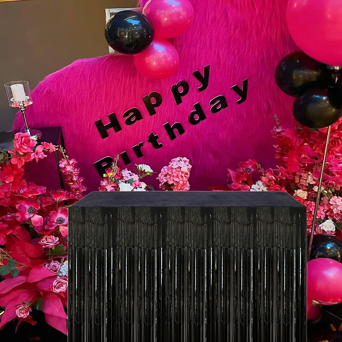 2 Packs Black Metallic Foil Fringe Tinsel Table Skirts for Rectangle Tables 6ft 8ft Streamer Curtains Backdrop for Birthday Float Parade 2024 Graduation Party Decorations -29x108 Inch