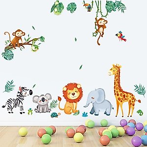 decalmile Jungle Animals Wall Decals Monkey Giraffe Elephant Wall Stickers Baby Nursery Kids Room Living Room Wall Decor