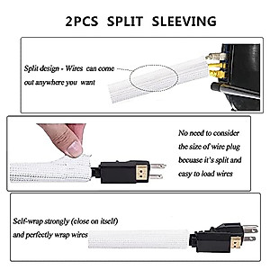 Cable Management Organizer Kit 2 Cable Sleeve Split with 41Self Adhesive Cable Clips Holder, 10pcs and 2 Roll Self Adhesive tie and 100 Fastening Cable Ties for TV Office Home Electronics etc (White)