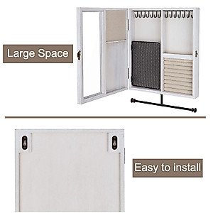 Keebofly Wall Mounted Jewelry Organizer With Rustic Wood Large Space Jewelry Cabinet, Holder, Storage Box for Necklaces, Earrings, Bracelets, Ring Holder, and Accessories White