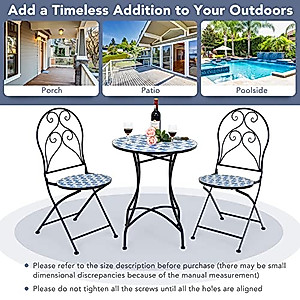 Giantex 3-Piece Patio Bistro Set, Outdoor Dining Set Round Table and 2 Folding Chairs, Mosaic Table with Floral Pattern Metal Frame, Garden Conversation Set for Deck Porch Poolside Yard Lawn