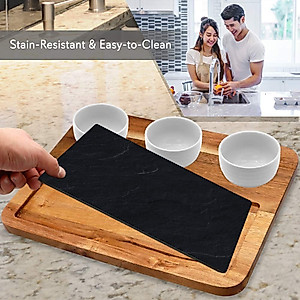 Nutrichef Cheese & Snack Presentation Platter-Sauce Bowls and Wood Serving Tray Set with Slate Stone, One Size, Brown
