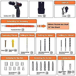Cordless Drill with 2 Batteries - GOXAWEE Power Drill Set 100pcs (High Torque, 2-Speed, 10mm Automatic Chuck), Electric Screw Driver for Home Improvement & DIY Project…