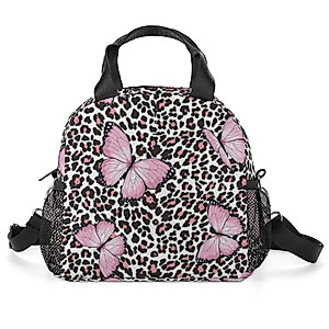 Pink Butterfly Leopard Lunch Bag, Lunch Box Portable Insulated Lunch Tote Bag, Thermal Cooler Bag for Women Work Outdoor