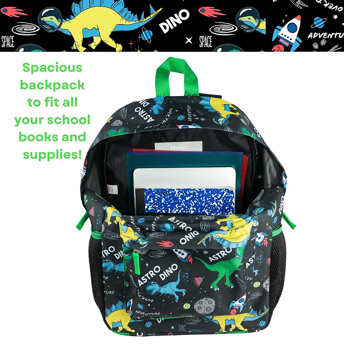 RALME Space Dinosaur Backpack for Boys, 16 inch, Black