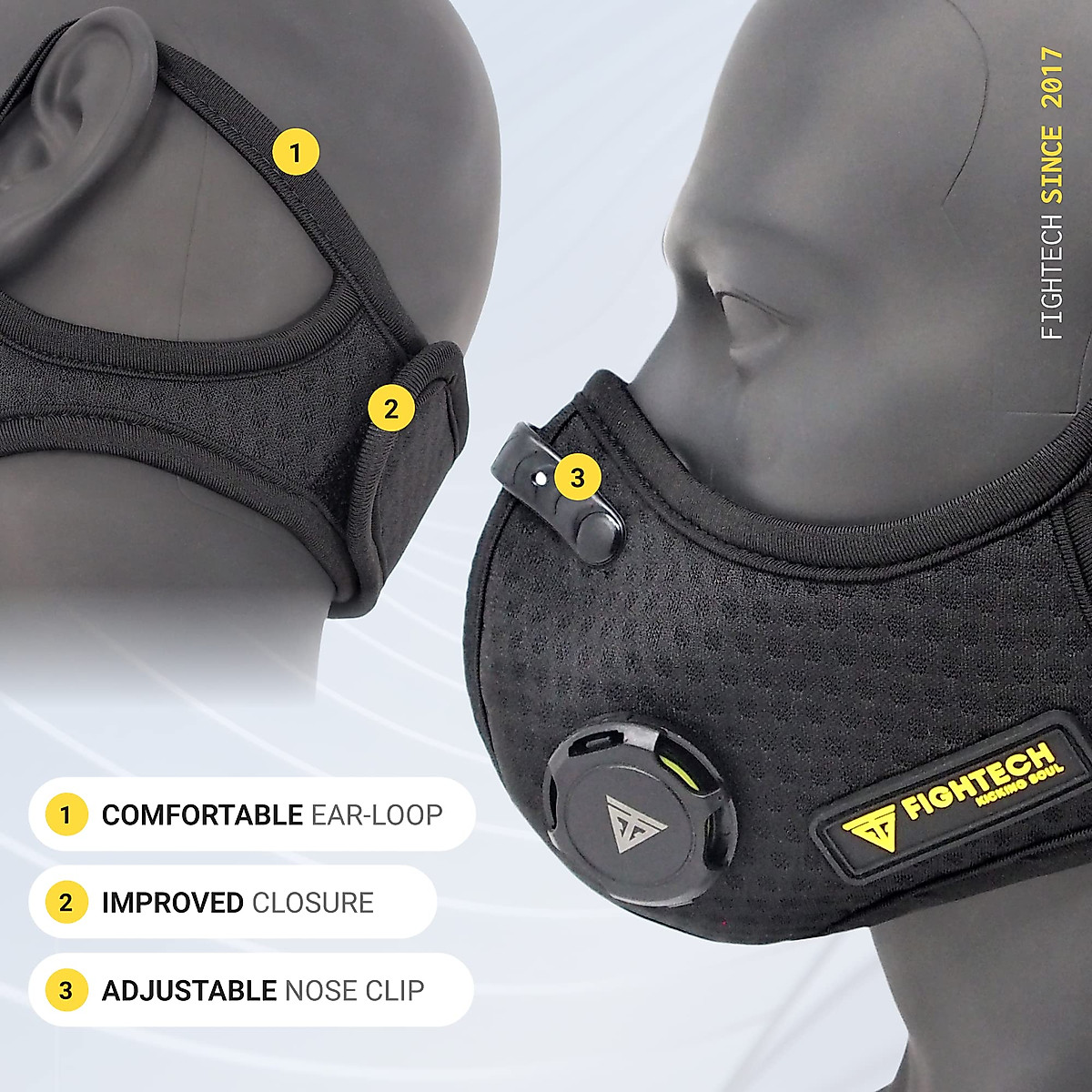 FIGHTECH Reusable Dust Mask with 6 Filters and 2 Extra Vents | Mowing, Construction, Woodworking Mask (Medium, Black)