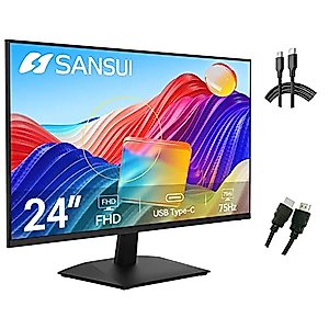 SANSUI Monitor 24 inch FHD PC Monitor with USB Type-C, Built-in Speakers Earphone, Ultra-Slim Ergonomic Tilt Eye Care 75Hz with HDMI VGA for Home Office (ES-24F1 Type-C Cable & HDMI Cable Included)