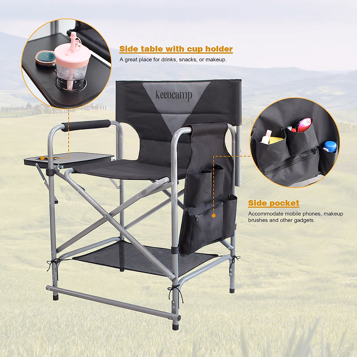BAYIEIUI Medium Tall Folding Directors Chair with Side Table Storage Pocket Portable Camping Makeup Artist Bar Chair Supports 400 lbs 22.44" Seat Height