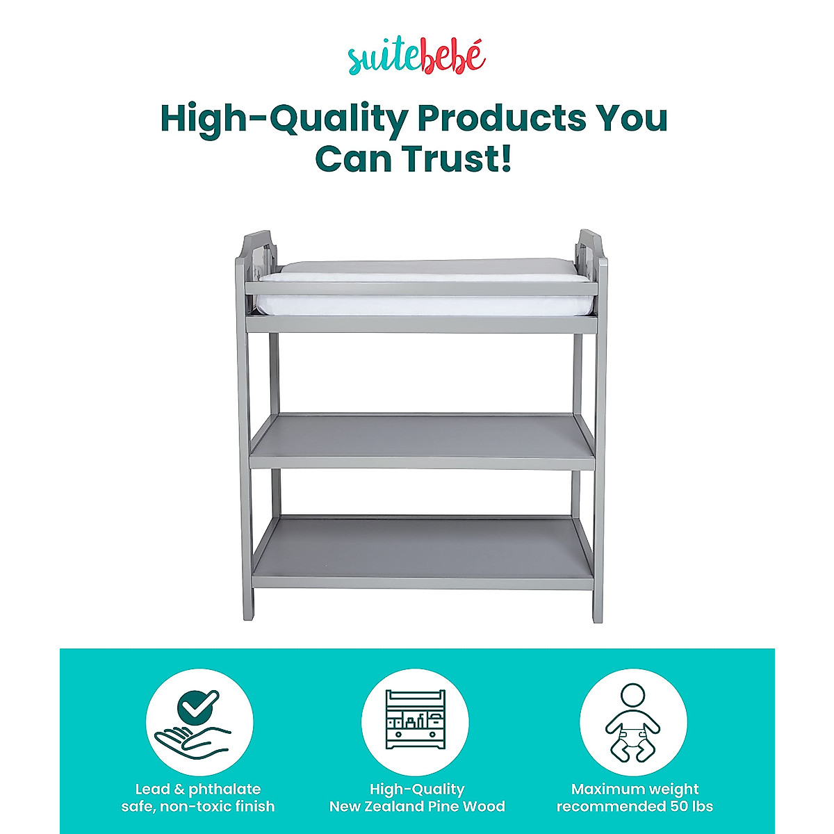 Suite Bebe Celeste Changing Table Safety Rail Included, Light Grey