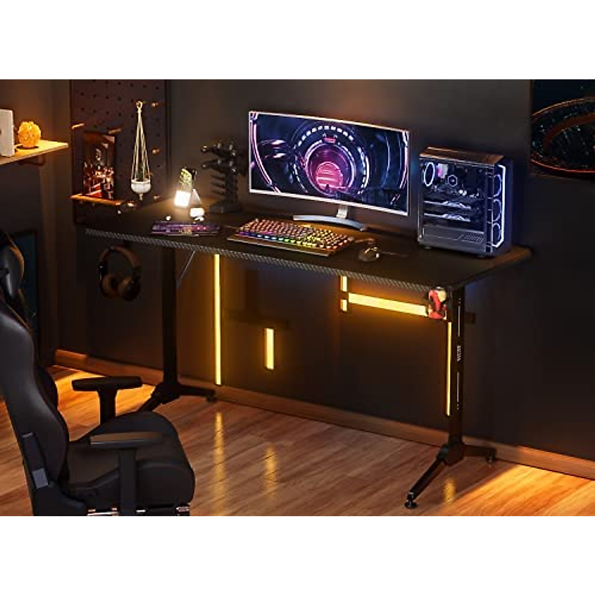 Furmax Gaming Desk T-Shaped Pc Computer Table with Carbon Fiber Surface Free Mouse Pad Home Office Desk Gamer Table Pro with Game Handle Rack Headphone Hook and Cup Holder (Black, 63 Inch)