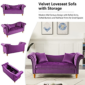 Betoko Velvet Loveseat Sofas Couches with Storage Seat Flared Rolled Arm 2 Seater Sofa for Living Room Bedroom Button Tufted Small Couch with Solid Wood Legs (Purple)