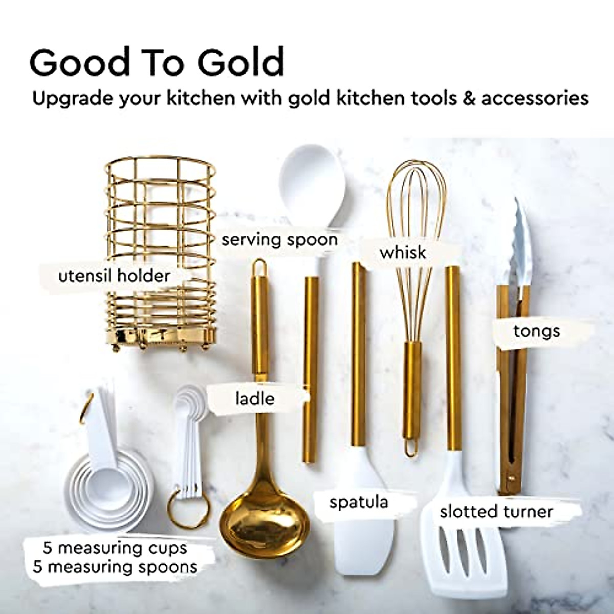 White Silicone and Gold Cooking Utensils Set with Gold Utensil Holder: 17PC Set Includes White & Gold Measuring Cups and Spoons Set,White Utensils Set,Gold Spatula,Gold Whisk -Gold Kitchen Accessories