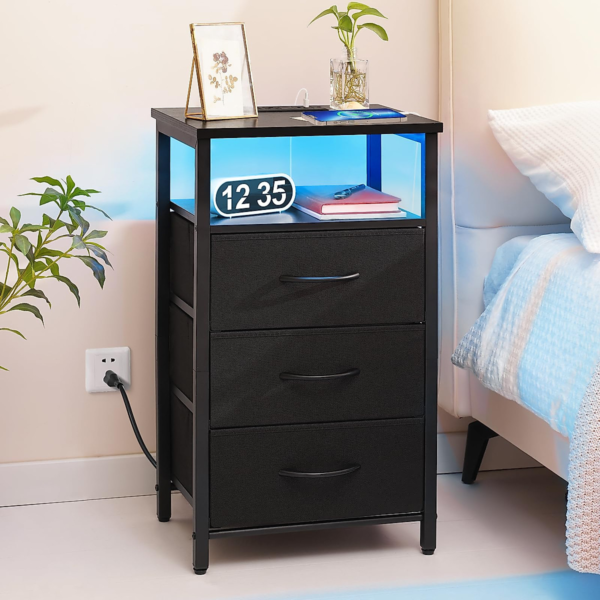 Yoobure Night Stand with Charging Station, 16 Colors LED Nightstand with USB Ports and Outlets, End Table with 3 Fabric Drawers and Storage Shelf, Bedside Tables Small Dresser for Small Space Black