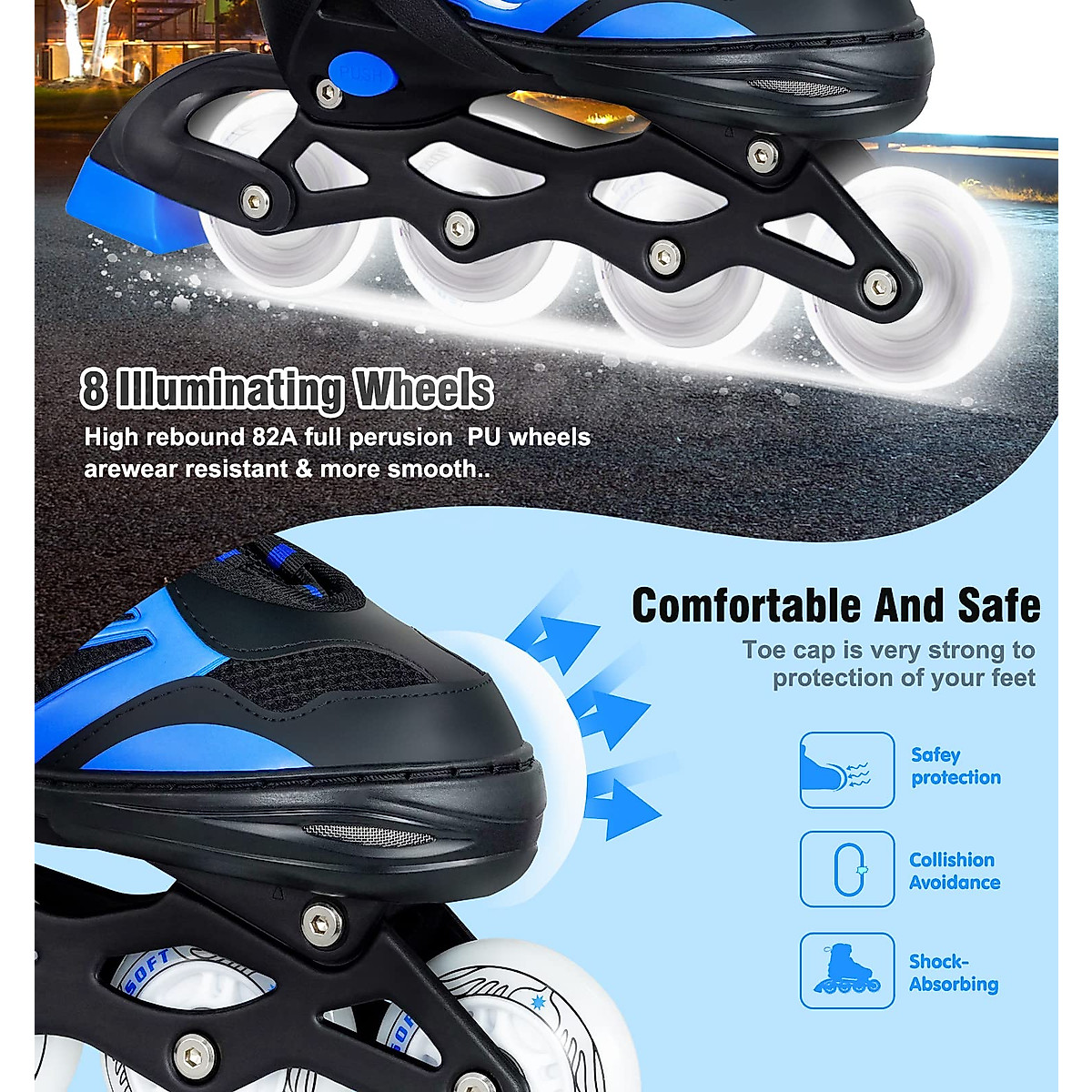 DIKASHI Black Blue Adjustable Inline Skates Boys Girls Kids Size,Light Up Beginner Roller Blades Skates for Boys Girls Kids Outdoor