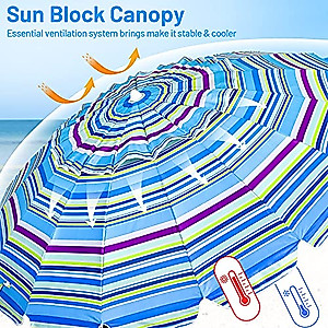 TANGKULA 8FT Beach Umbrella, Portable Beach Umbrella W/Sand Anchor & Tilt Mechanism, 16 Sturdy Fiberglass Ribs, Outdoor Sunshade Umbrella W/Carrying Bag for Garden, Patio, Beach, Outdoor (Blue)