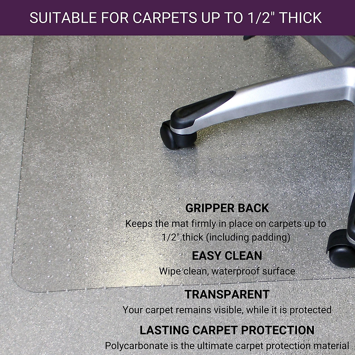 Marvelux Office Chair Mat for Carpeted Floors, Heavy Duty Polycarbonate for Medium Pile Carpets, Rectangular 48" x 60" Clear Office Chair Carpet Protector