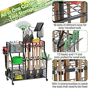 JKsmart Garden Tool Organizer for Garage, Large Utility Yard Tool Organizers and Storage Holder with Wheels, 3 Tier Garden Tool Rack with Extra Storage Basket for Garden/Garage/Shed/Basement