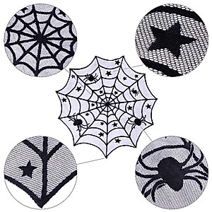 OurWarm 40-Inch Black Spider Lace Table Topper Cloth, Round Polyester Halloween Tablecloth for Halloween Table Decorations