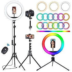 STALLY 10.2" Ring Light with Stand, 62" Tall Selfie Ring Light with Phone Holder and Wireless Remote, 12 Dimming Levels, 32 Color Modes Led Ring Light for Phone, Live Stream, Makeup, YouTube, TikTok