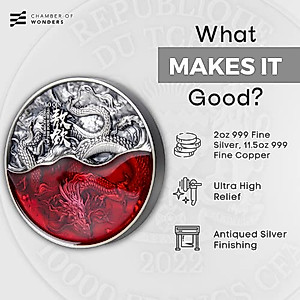 2022 Chamber of Wonders Ao Qin/Vermillion Dragon 2oz 999 Fine Silver Coin 10000 Francs Chad 2022 Antiqued Ultra-High Relief