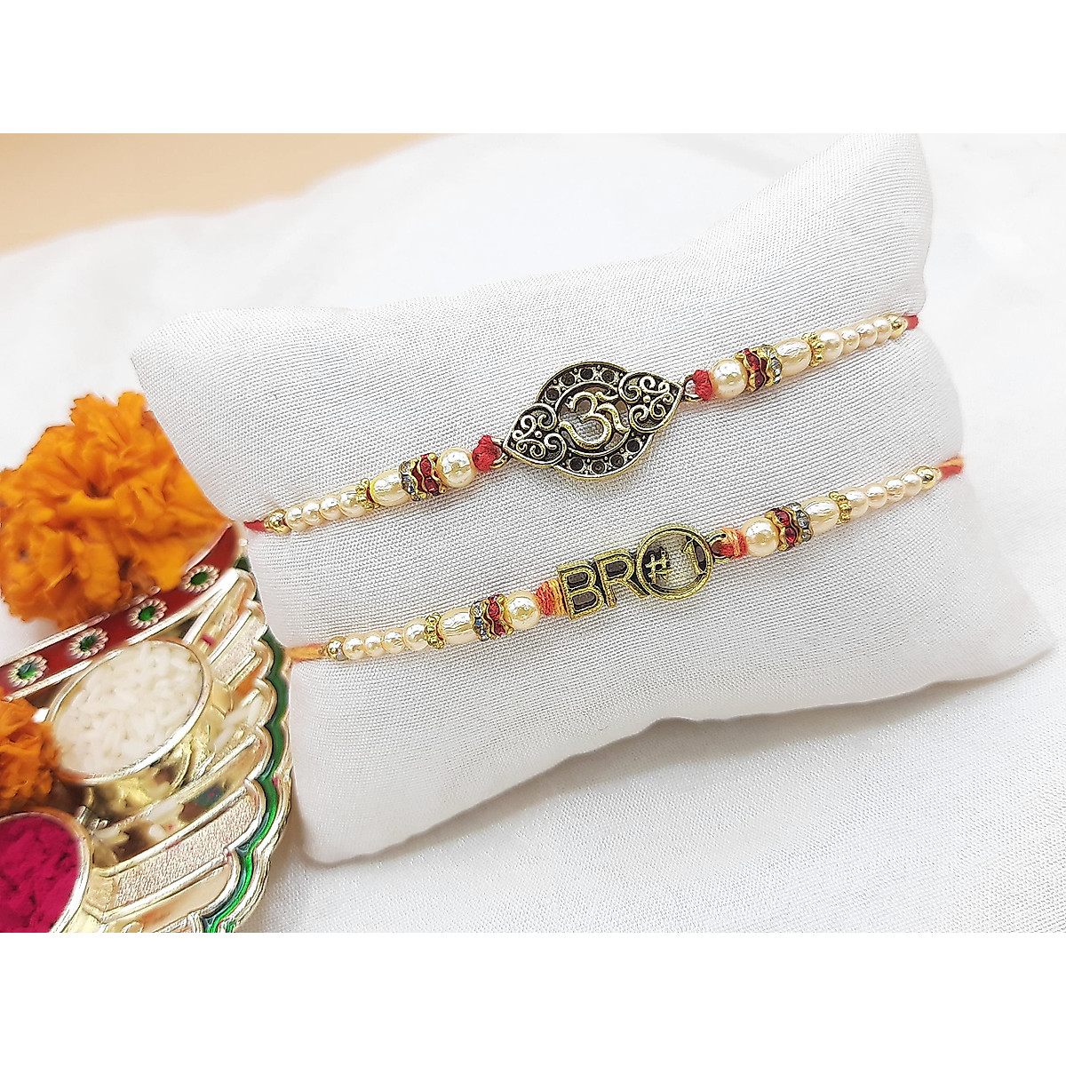 Palak Global Rakhi Bracelet for brother, Unique Design Rakhi for Brother, Bhabhi, Sister, Father and celebration with Family, Raksha Bandhan holy Rakhi. (Rakhi Design Om and Bro, Set of 2, Small)