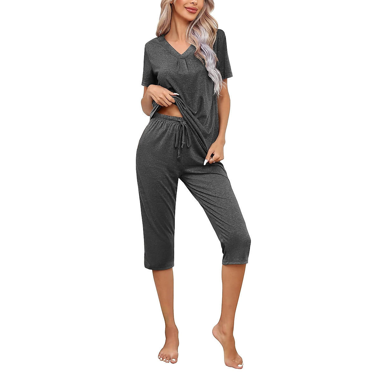 difficort Women's Pajama Sets Soft Pjs Short Sleeve Lounge sets Capri Sleepwear with Pockets,2-Dark Grey,Medium