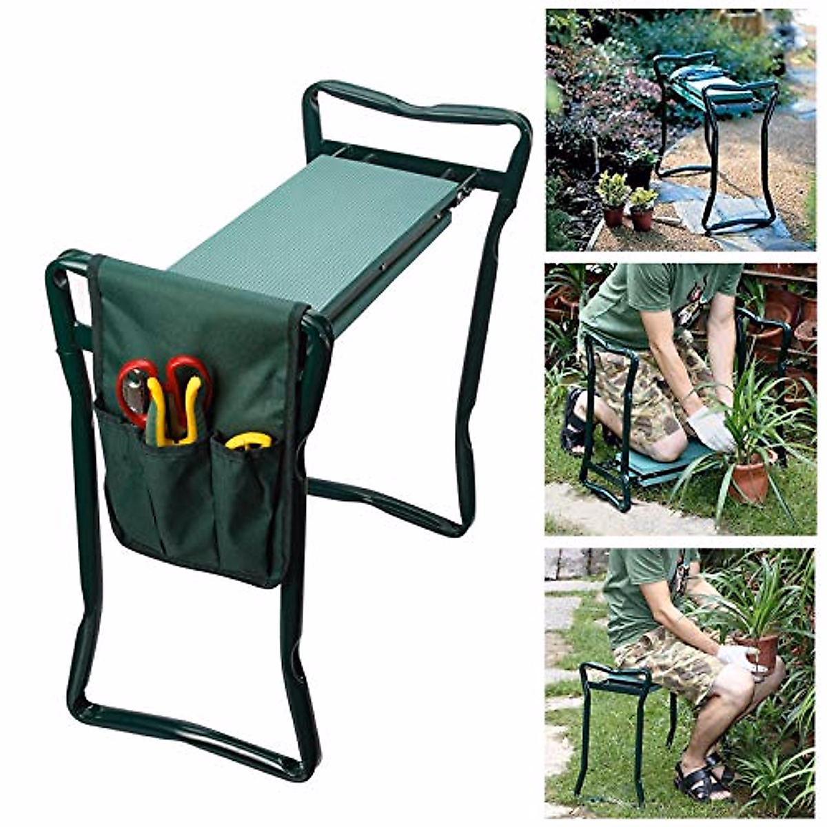 Heavy Duty Gardening Bench for Kneeling, Sitting Folding 2 in 1 Chair and Stool, Outdoor Knee Pads for Women/Men Floor Work Gifts, Free 2 Large Tool Pouch, Light-Weighted Sturdy Steel Pipe Structure