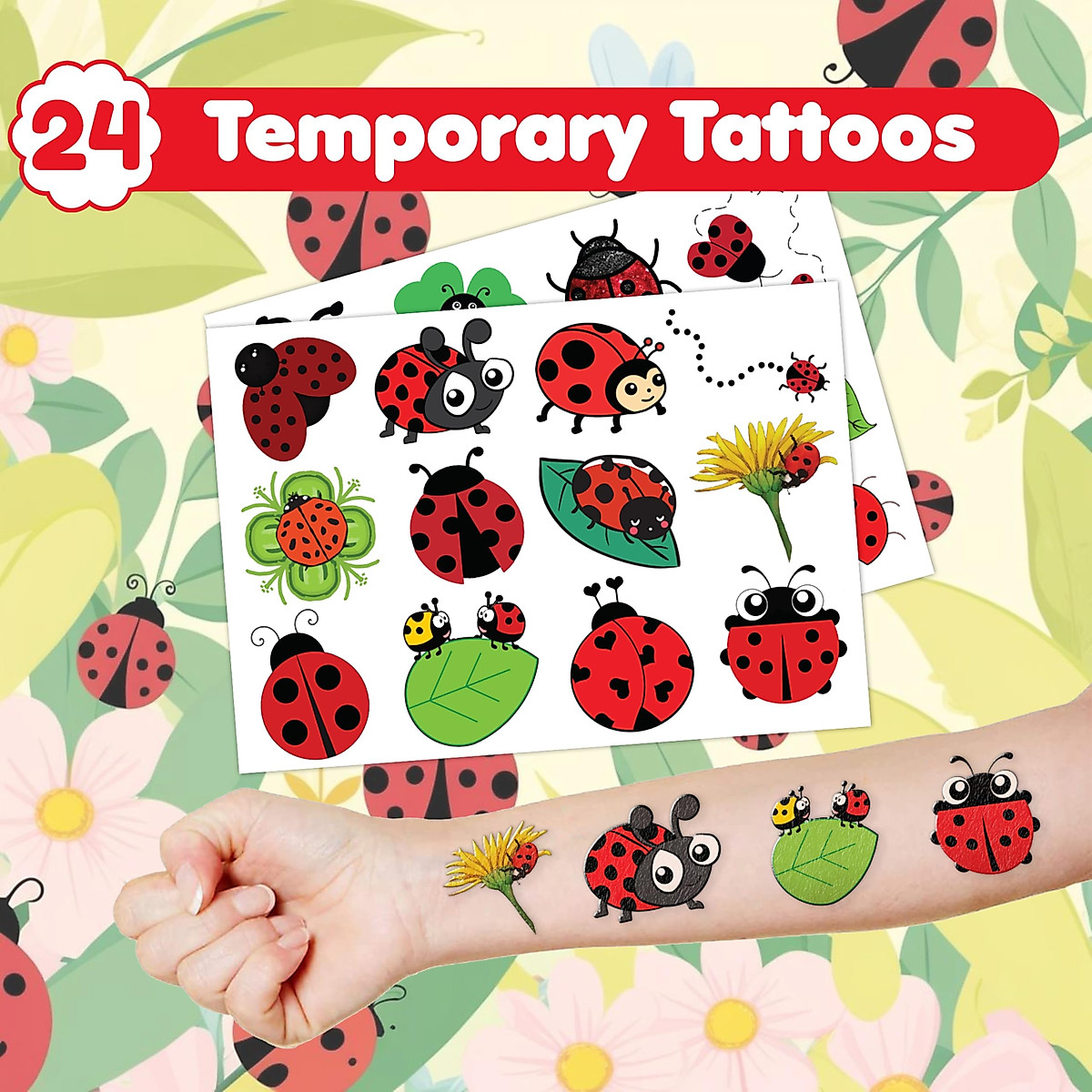 Cherisnowy 48 PCS Ladybug Party Favors 24PCS Tattoos Sticker 24PCS Slap Bracelets Wristbands Perfect for Themed Birthday Baby Showers or Classroom Rewards Ideal Decor and Gifts for Girls and Boys
