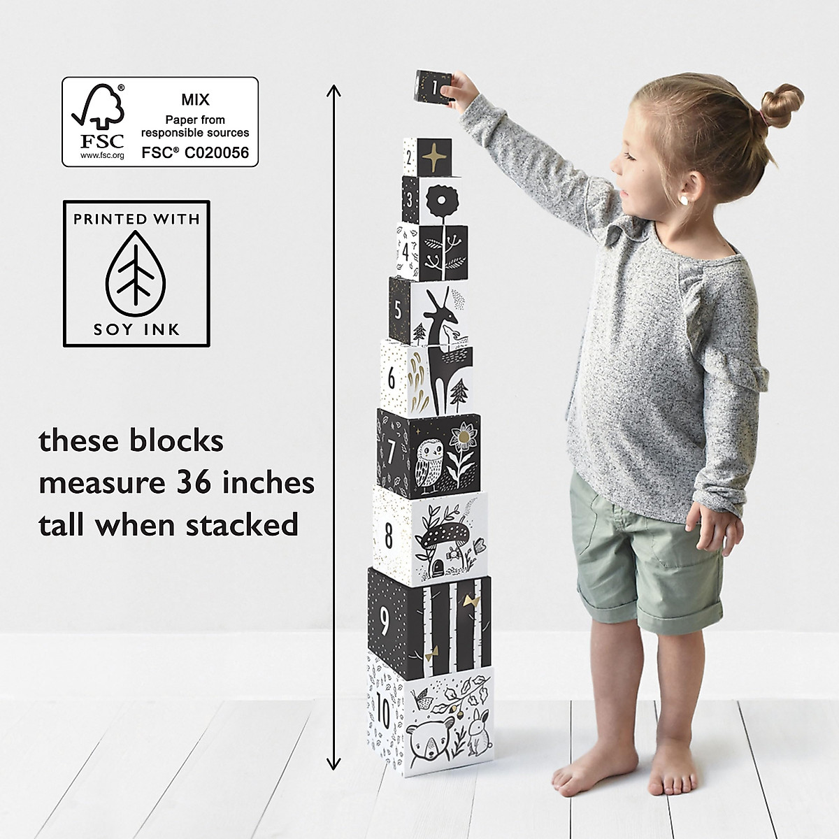 Wee Gallery Nesting Blocks - Woodland Animals and Numbers, Black and White Stacking and Building Toy for Toddlers and Kids, Motor Skills, Creative Play and Problem Solving for Children (Age 2 and up)