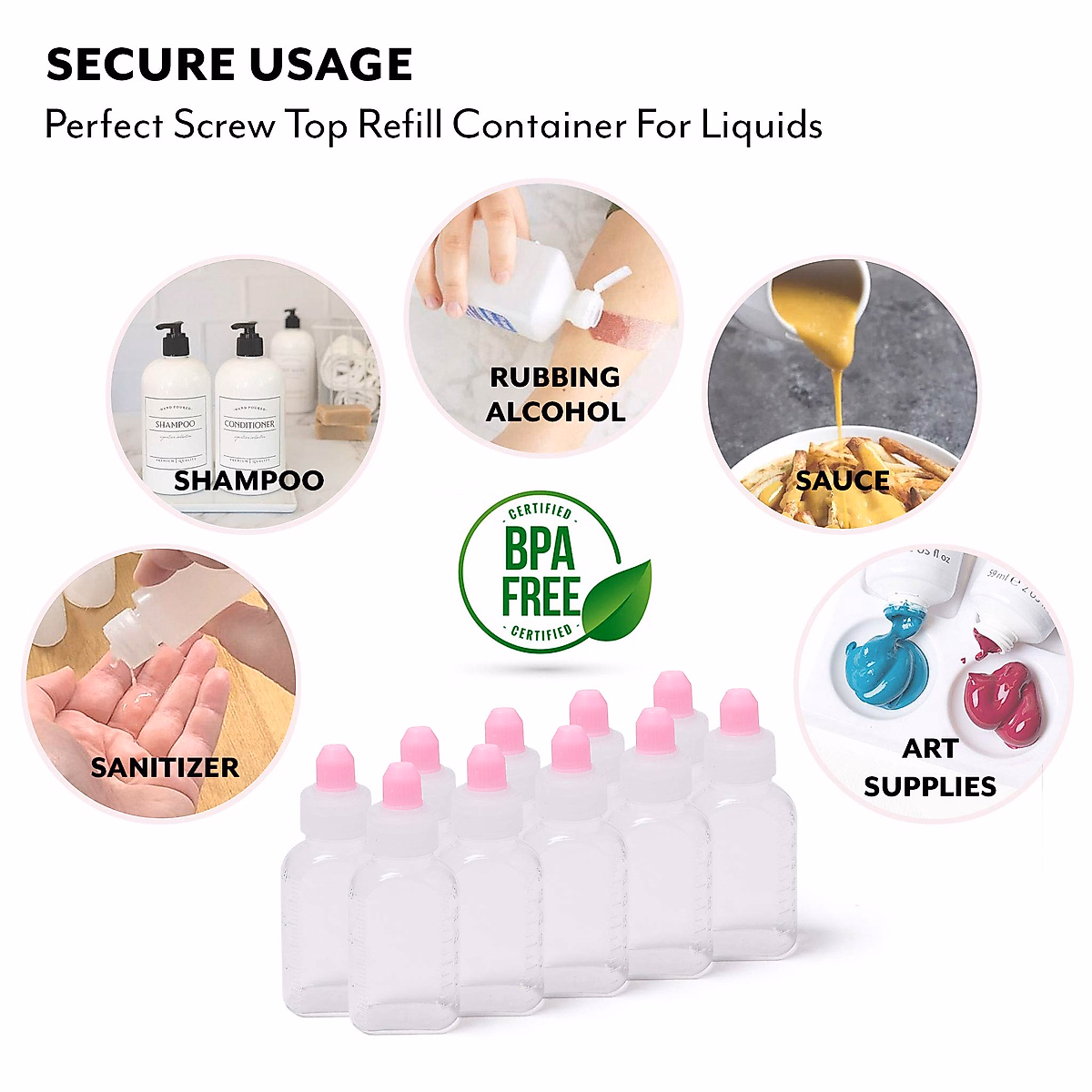 Reusable Liquid Container (30cc) - Squeezable Travel Bottle BPA-Free With Twist Cap - 10 Bottle Pack