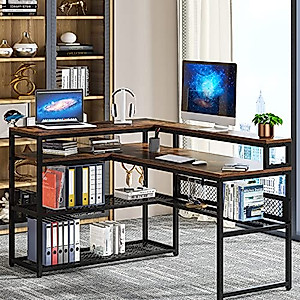 Tribesigns L-Shaped Computer Desk with Monitor Shelf Stand, L Shaped Corner Desks with Large Wood Desktop Industrial Heavy Duty Metal Frame Storage Shelves for Office Home, Rustic Brown Black