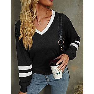 Tunic Tops for Leggings for Women V Neck Long Sleeve Fall Shirts Loose Fit Casual Tops B-black