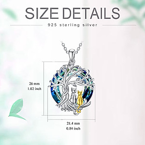 TOUPOP Two Cats Necklace 925 Sterling Silver Tree of Life Necklace with Blue Circle Crystal Cat Lovers Jewelry Gifts for Women Mom Daughter Birthday Christmas