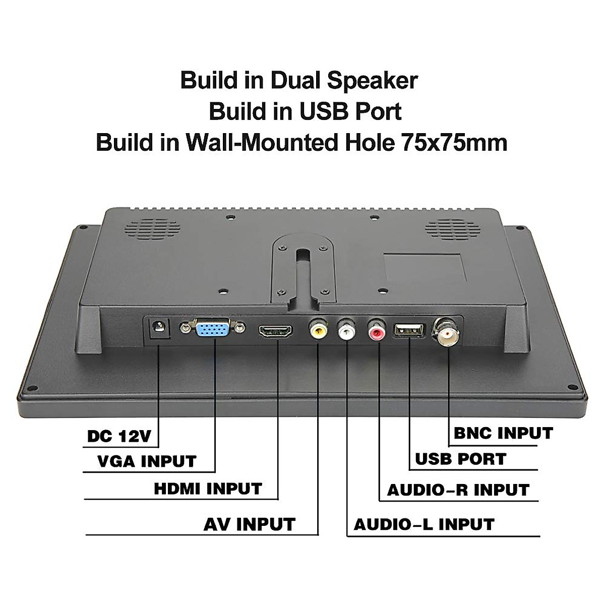 LONCEVON 10 inch Portable HDMI Monitor Mini VGA Monitor Screen for PC/Camera/TV/Raspberry PI/Gaming; 1024x600 Pixel Support 1920x1080P Resolution; with Dual Speakers and USB Port