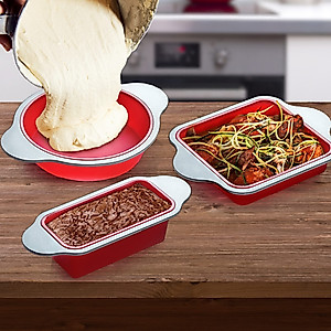 Boxiki Kitchen Silicone Baking Pans Set. 3 PCS Professional Silicone Non-Stick Baking Cake Pans Set includes Silicone Round Cake Pan, Square Cake Pan and Bread Loaf Pan.