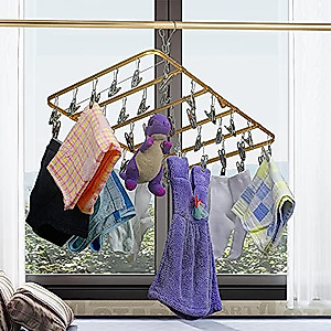KANGCAI Socks Hanger 42 Clips Drip Hangers Clothes Drying Rack herb Drying Rack tendederos de ropa para secar Foldable Hanging Racks for Laundry Racks Apartments (Gold)